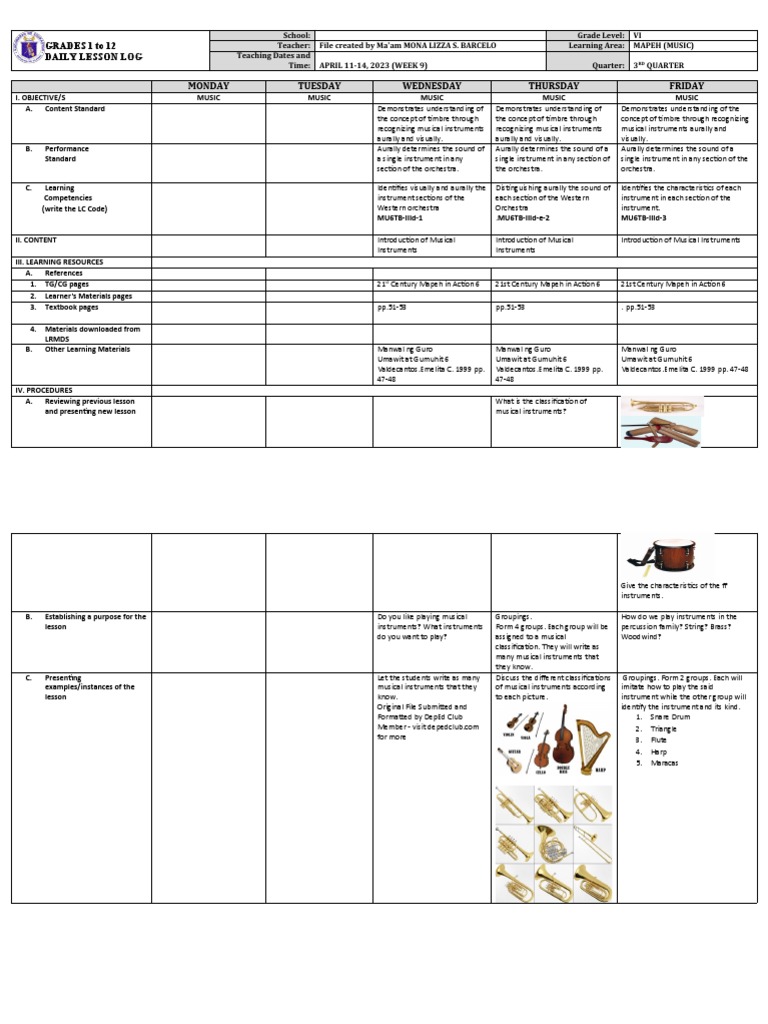 GRADES 1 To 12 Daily Lesson Log Monday Tuesday Wednesday Thursday ...