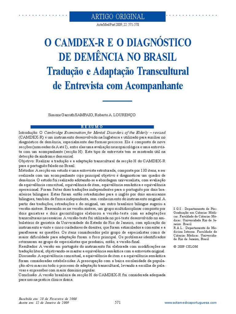 CAMDEX-R AND DEMENTIA DIAGNOSIS IN BRAZIL Translation and Transcultural ...