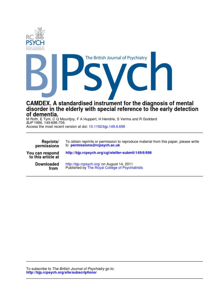 CAMDEX. A standardised instrument for the diagnosis of mental | PDF ...