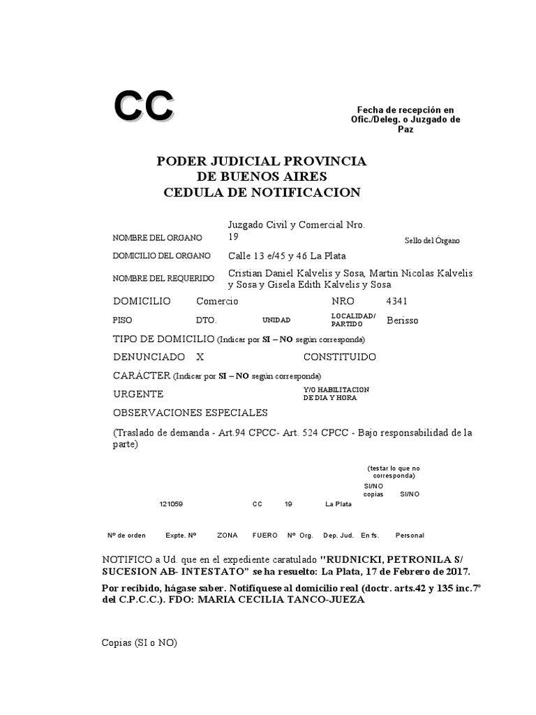 Poder Judicial Provincia de Buenos Aires Cedula de Notificacion | PDF ...