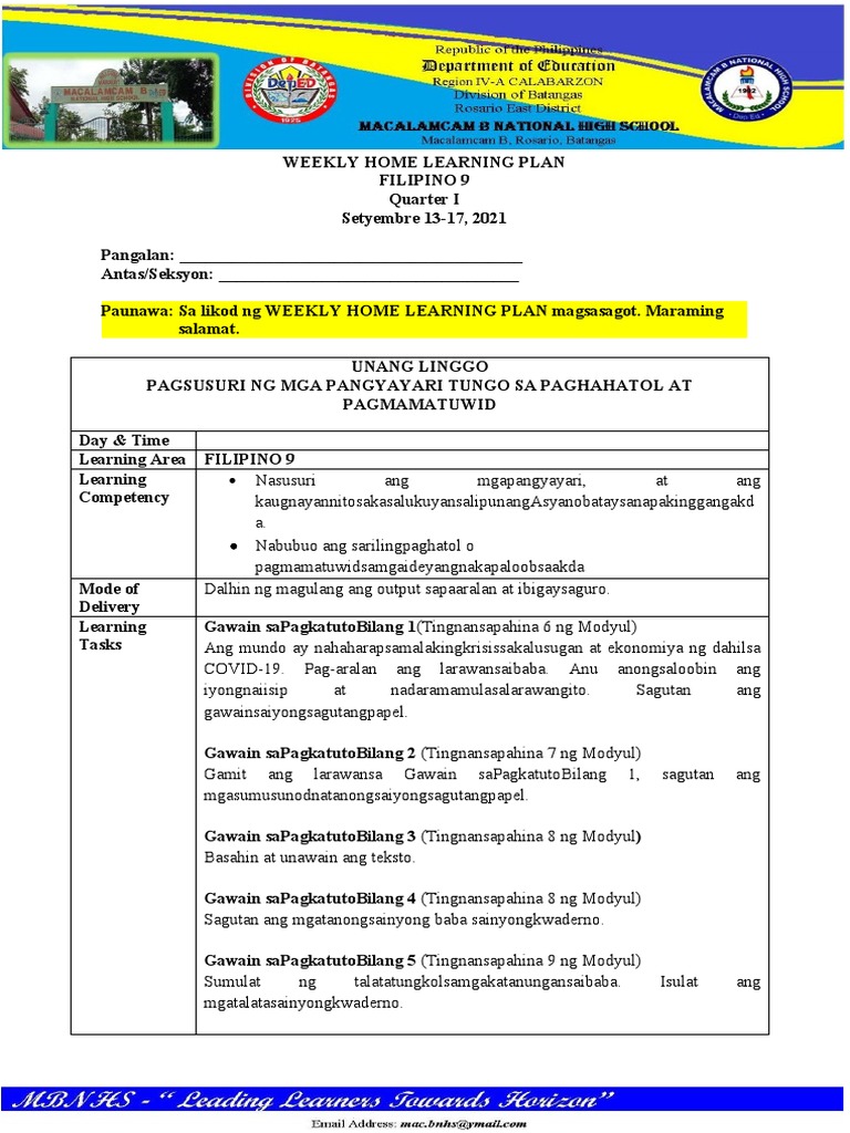 G9 Weekly Home Learning Plan-Q1 | PDF
