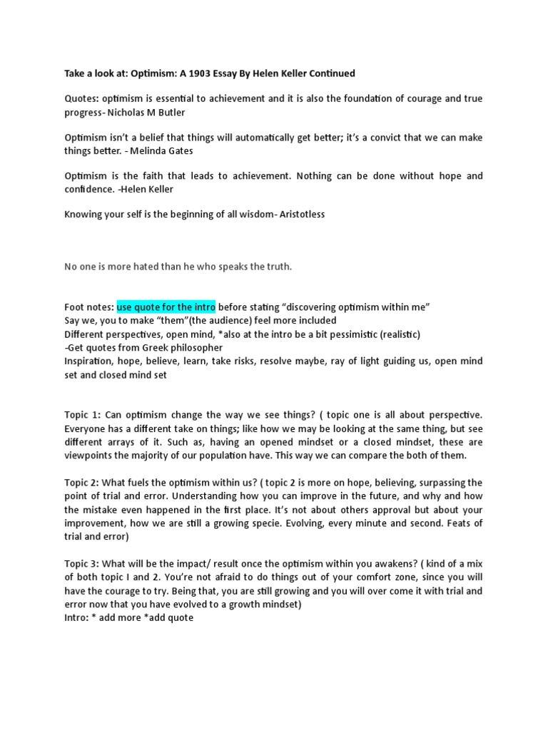 Take A Look At: Optimism: A 1903 Essay by Helen Keller Continued | PDF | Optimism | Hope