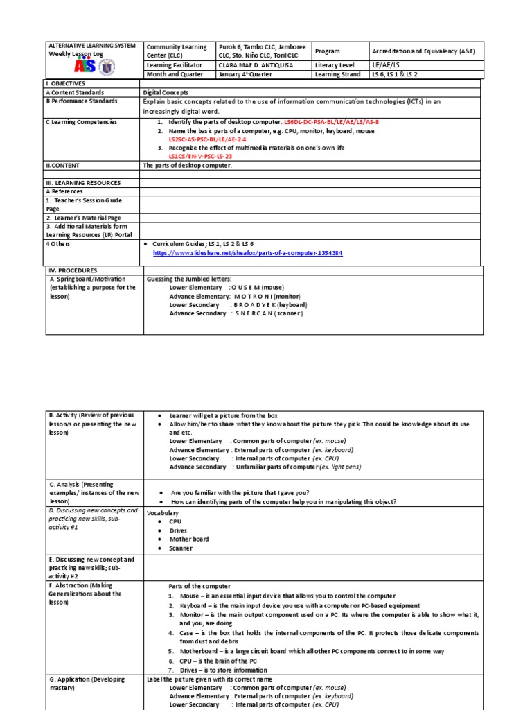 Exploring the Basic Parts and Functions of Desktop Computers: An Alternative Learning System ...