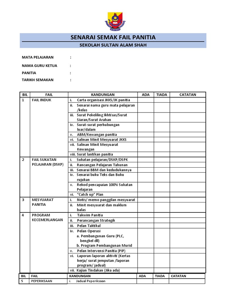 Senarai Semak Pengurusan Fail Panitia Sas | PDF