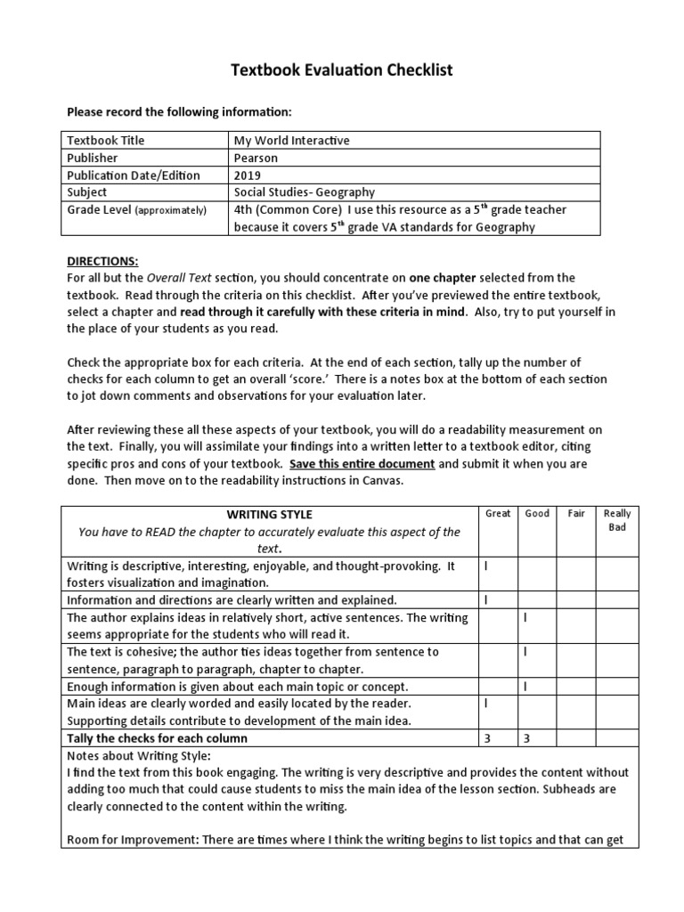 Textbook Evaluation Checklist | PDF | Vocabulary | Reading Comprehension
