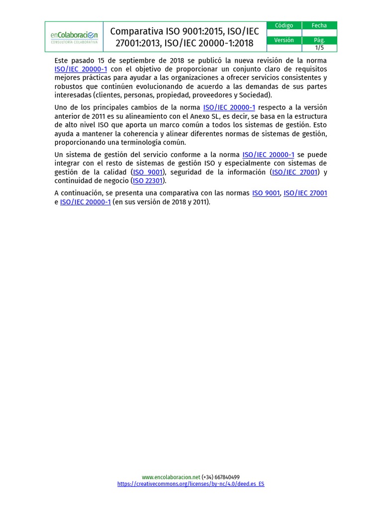 Comparativa ISO 9001:2015, ISO/IEC 27001:2013, ISO/IEC 20000-1:2018 | PDF | Organización ...