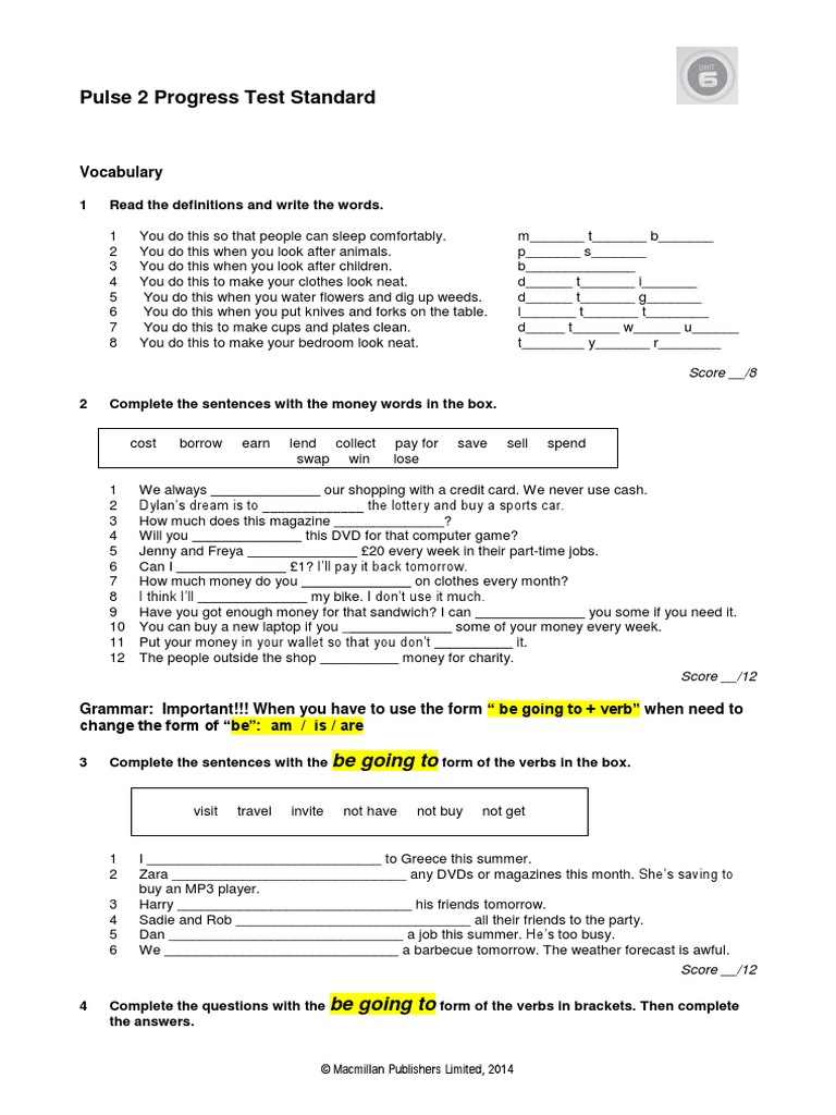 Pulse 2 Progress Test Standard: Vocabulary | PDF