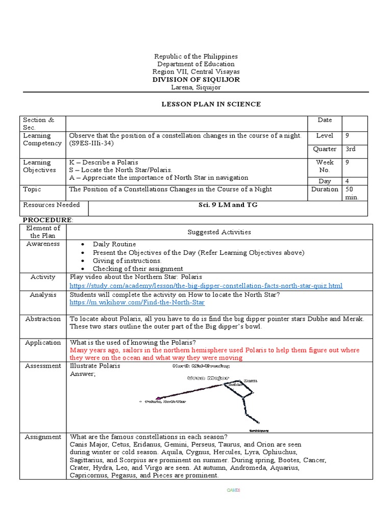 Science 9 DLP Q3W9D4 | PDF | Stellar Groupings | Sky Regions