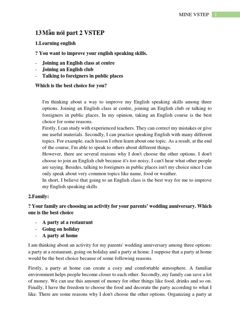 Speaking Vstep Part 2 | PDF | Tourism | Reason