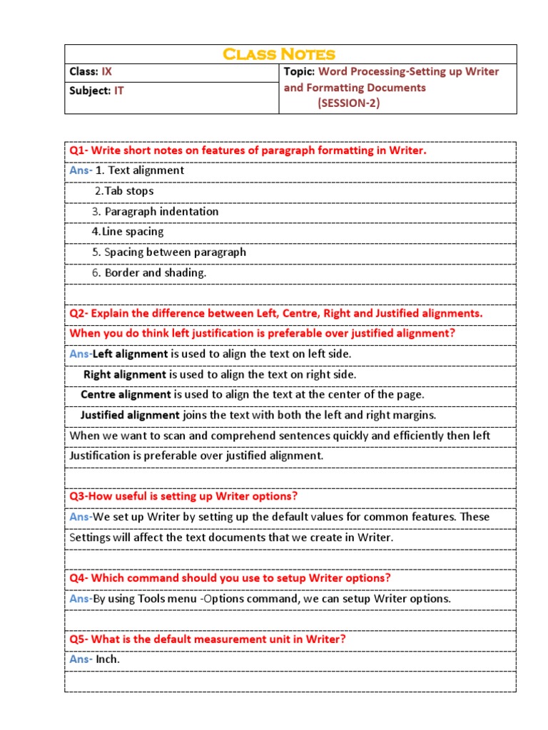 Class Notes: IX Word Processing-Setting Up Writer and Formatting ...