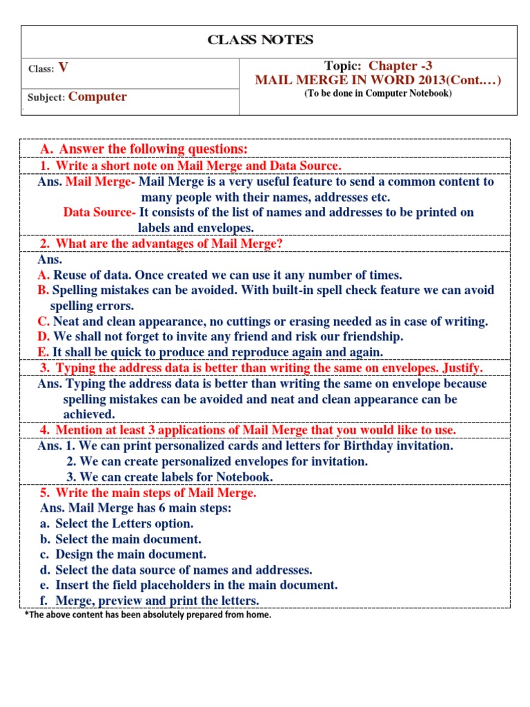 A. Answer The Following Questions:: Chapter - 3 MAIL MERGE IN WORD 2013 ...
