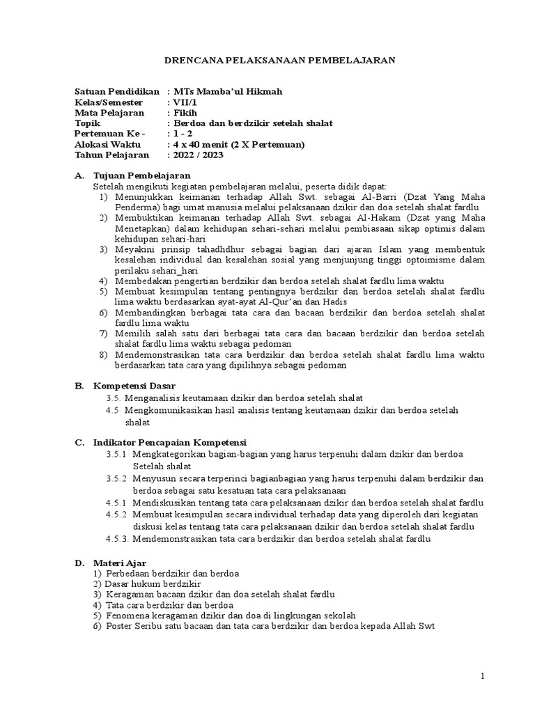 RPP Fiqih Kls 7 Bab 5 | PDF | Sains & Matematika