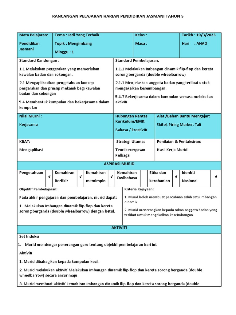 RPH PJ TAHUN 5 2023 M1 at ARAS | PDF | Karier & Perkembangan | Sains & Matematika
