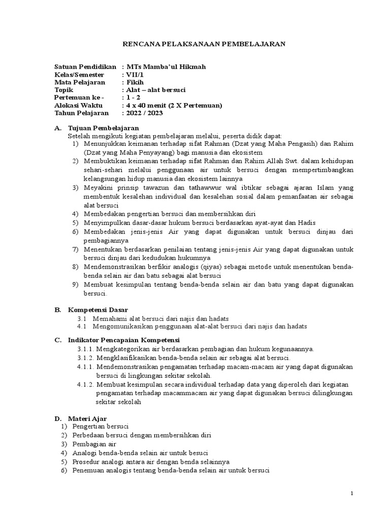 RPP Fiqih Kls 7 Bab 1 | PDF | Karier & Perkembangan | Seni & Disiplin Bahasa