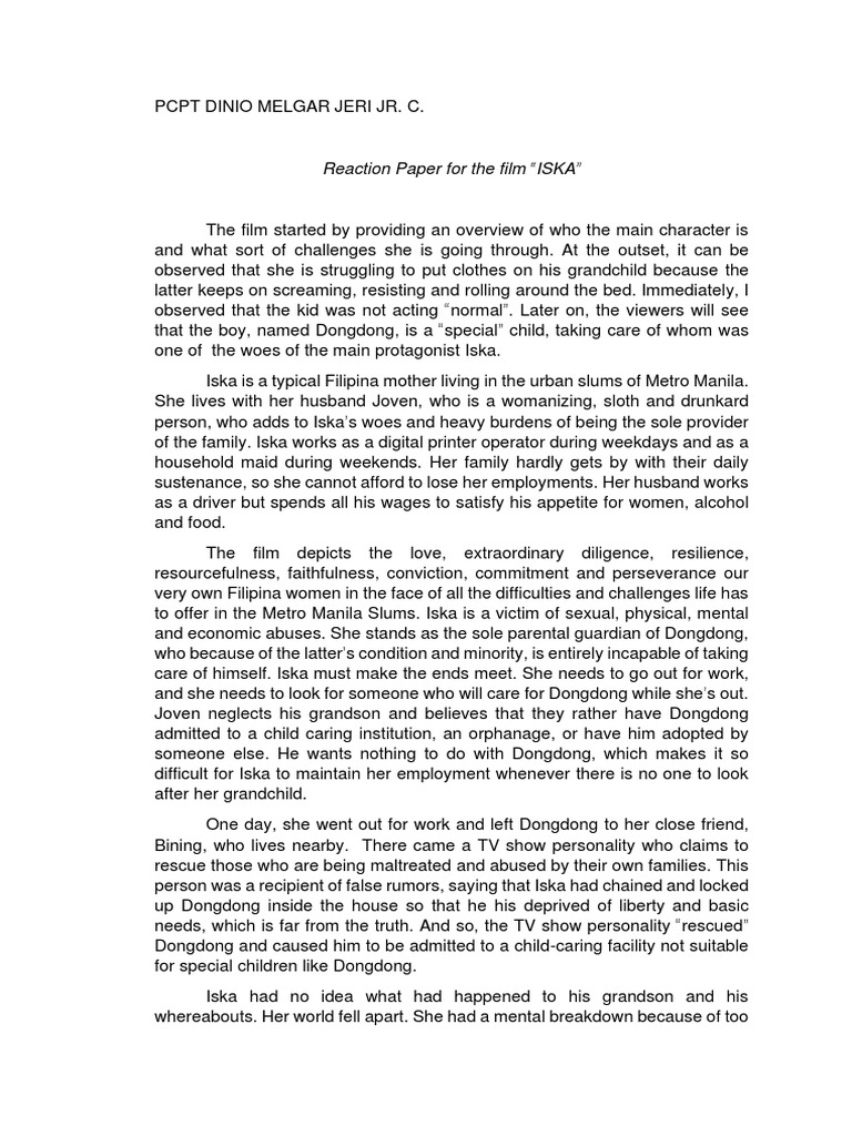 Reaction Paper For The Film "ISKA" | PDF | Family | Interpersonal ...
