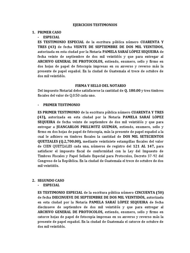 EJERCICIOS TESTIMONIOS | PDF | Derecho Civil (Common Law) | Justicia