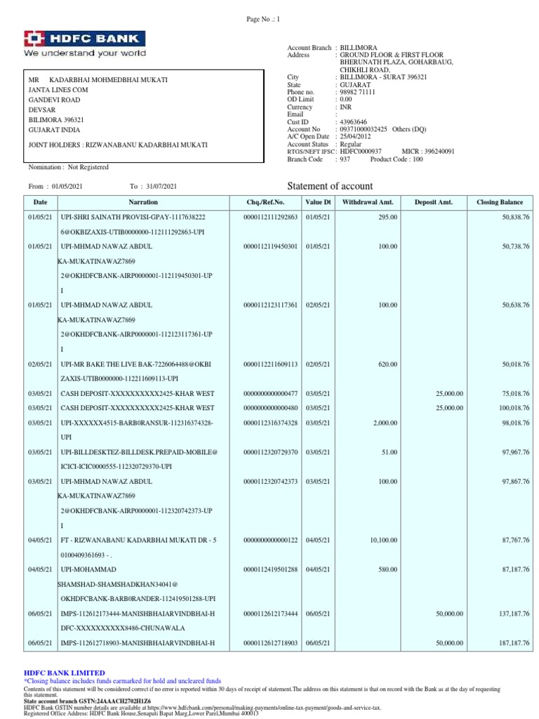 Statement of Account: Date Narration Chq./Ref - No. Value DT Withdrawal ...