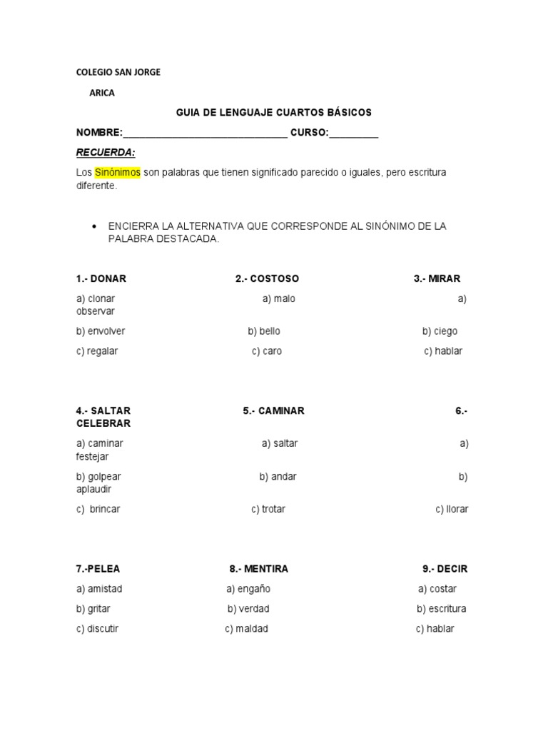 4° Básico Lenguaje Guia de Sinonimos y Antonimos 7 y 8 Mayo | PDF