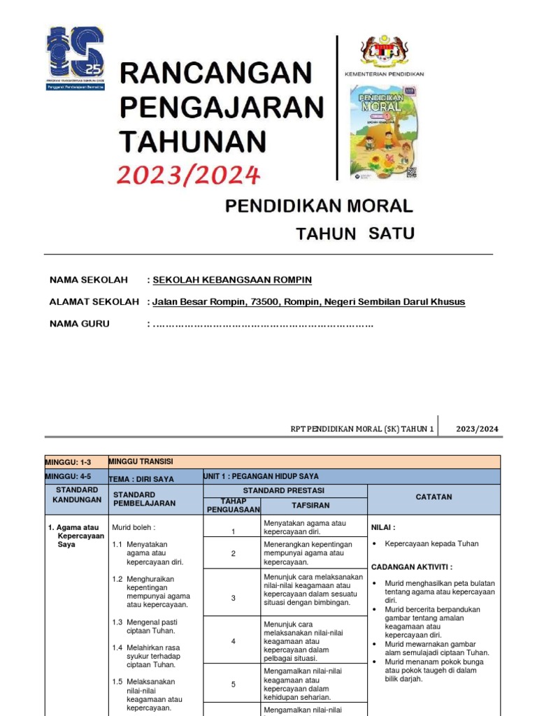 RPT Pendidikan Moral Tahun 1 | PDF