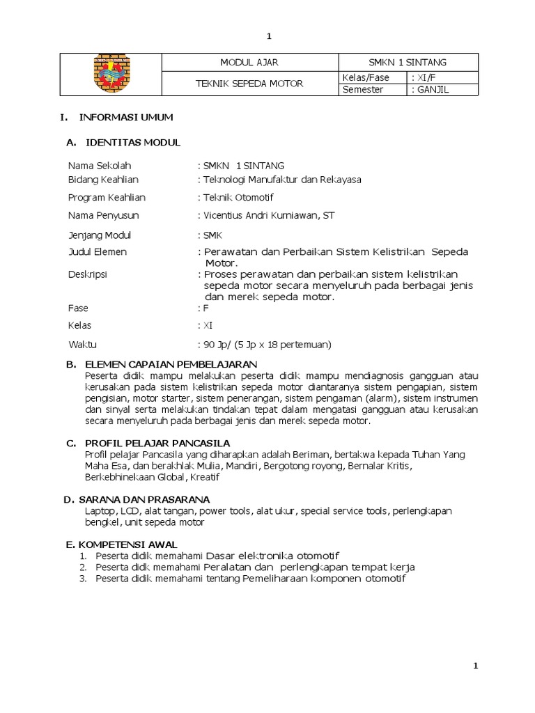 Modul Ajar Perawatan Dan Perbaikan Sistem Kelistrikan Sepeda Motor | PDF