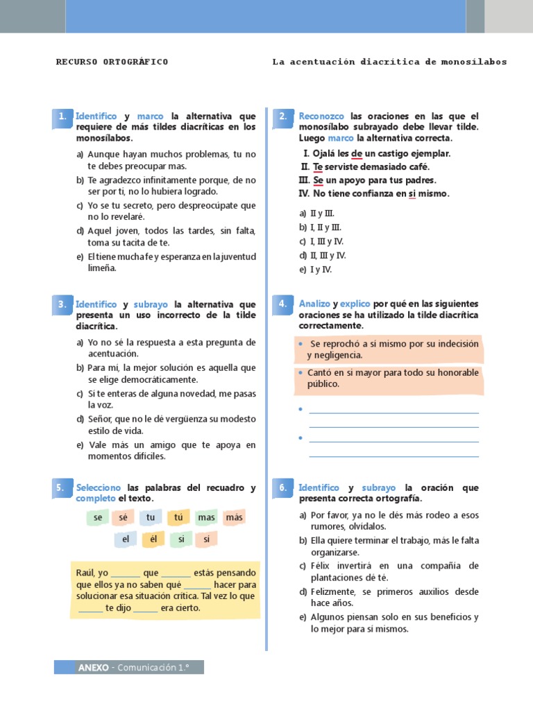 14 Com. 1.° - Ficha La Acentuación Diacr Tica en Monosílabos | PDF