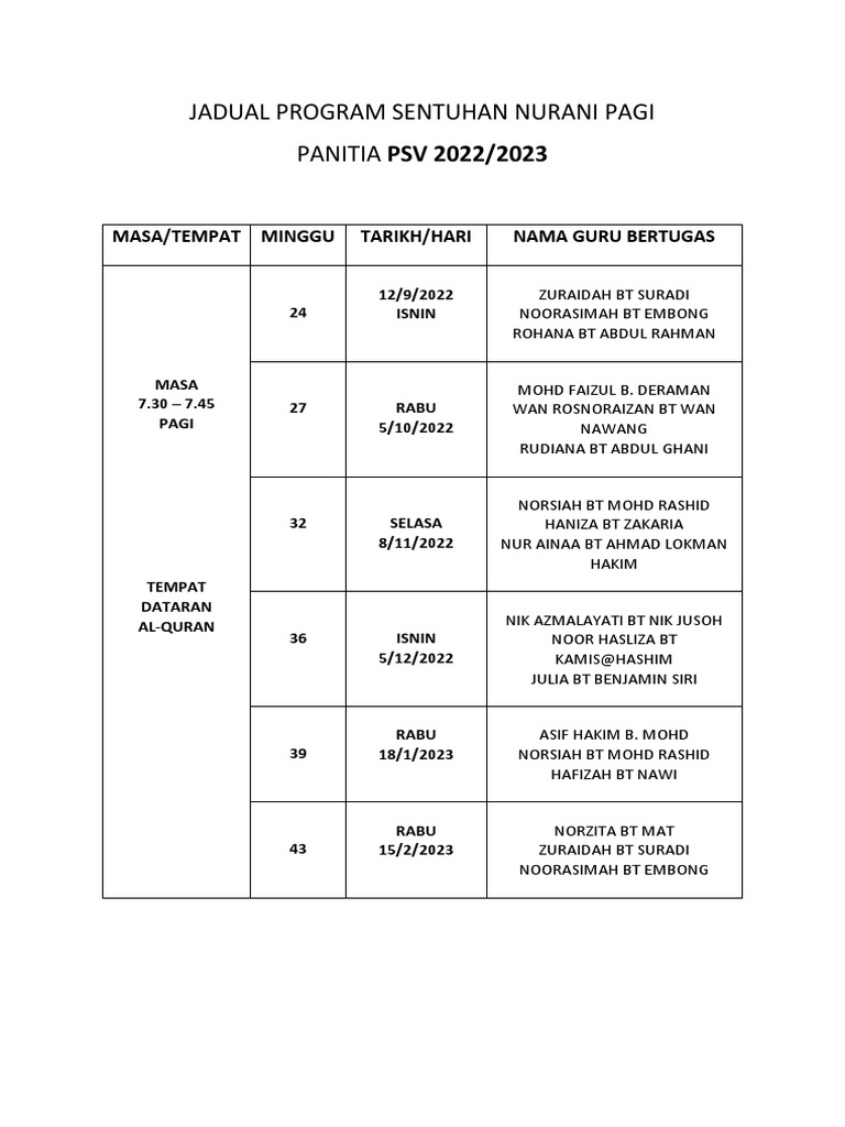 Jadual Program Sentuhan Nurani Pagi PANITIA PSV 2022/2023: Masa/Tempat ...