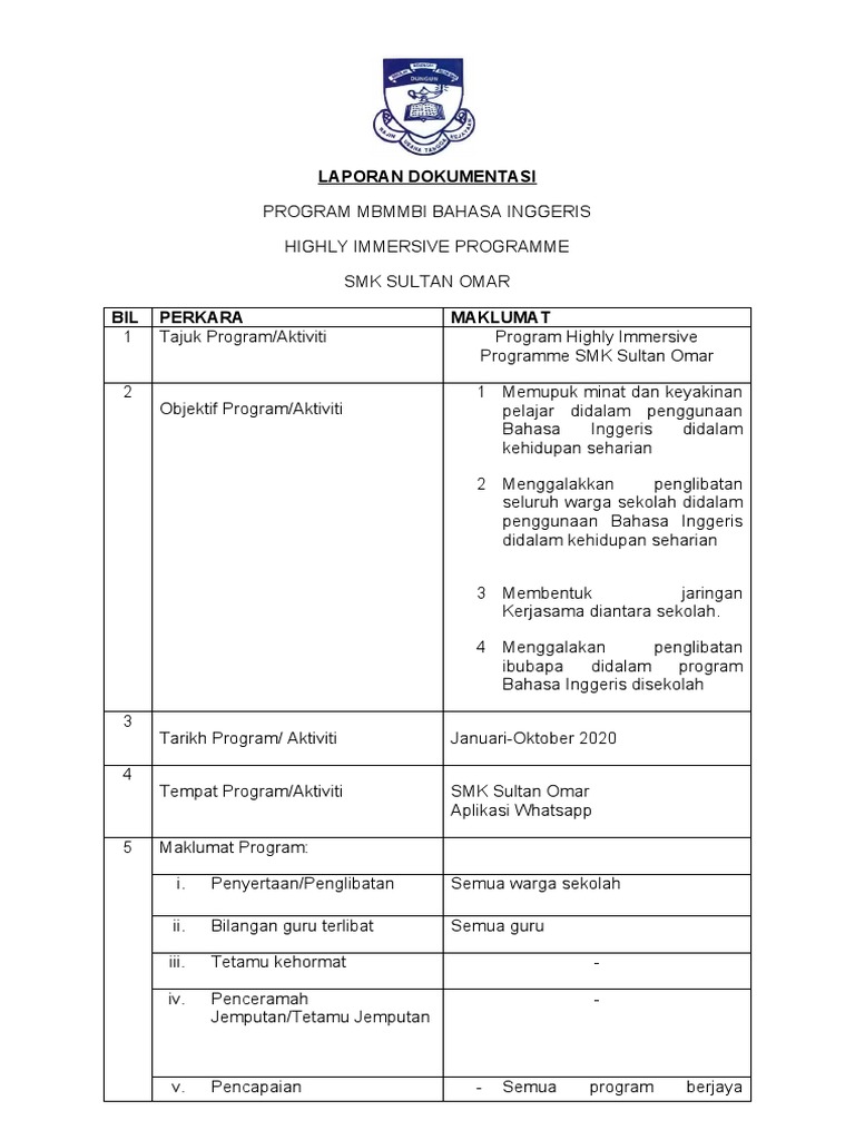 Laporan Program Mbmmbi Bahasa Inggeris Hip 2020 | PDF