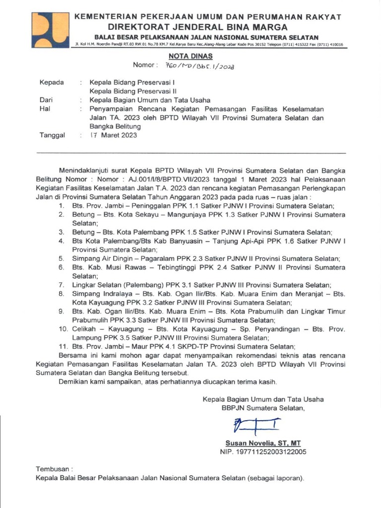 0. 514. Nota Dinas dan Pengantar Peninjauan Lapangan - BPTD Sumsel ...
