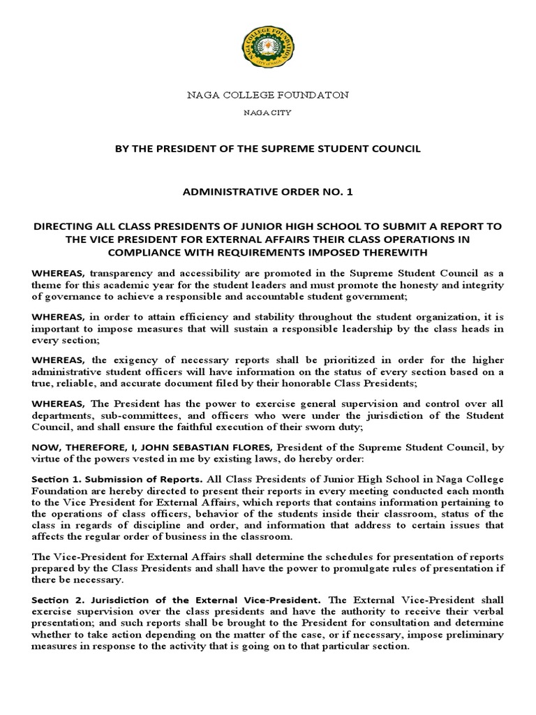Class Presidents Report Submission Order | PDF | Presidents Of The ...