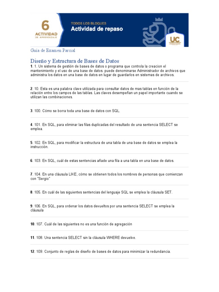 Diseño y Estructura de Bases de Datos: Guía de Examen Parcial | PDF ...