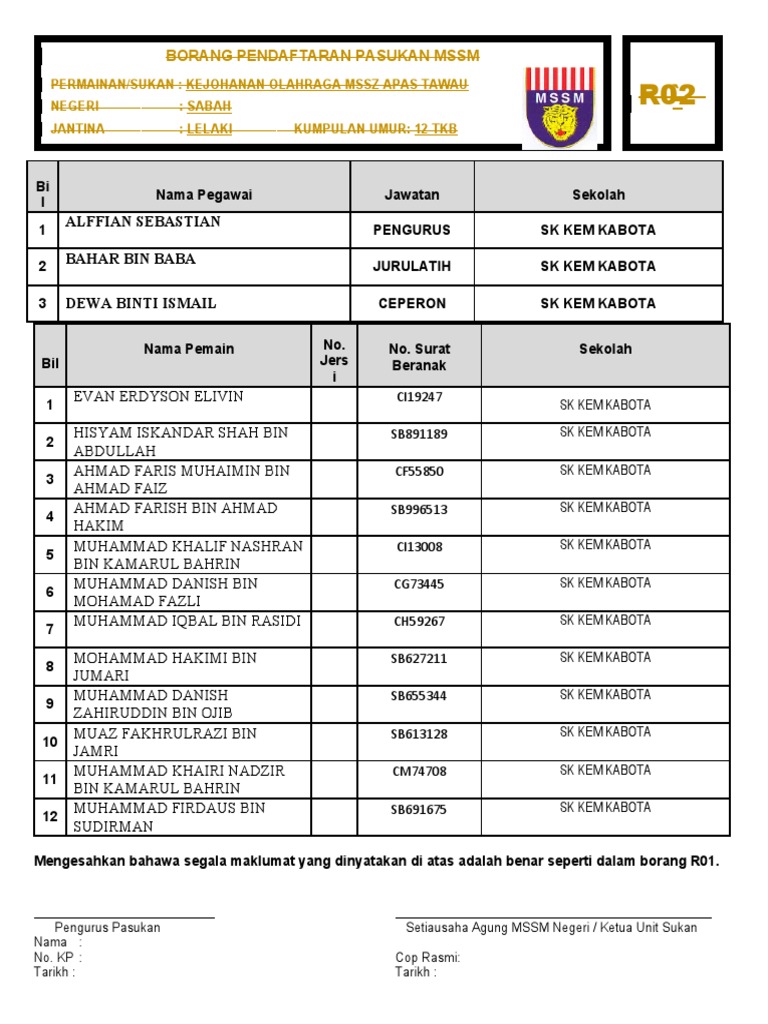 Borang R02 Olahraga 2022 | PDF