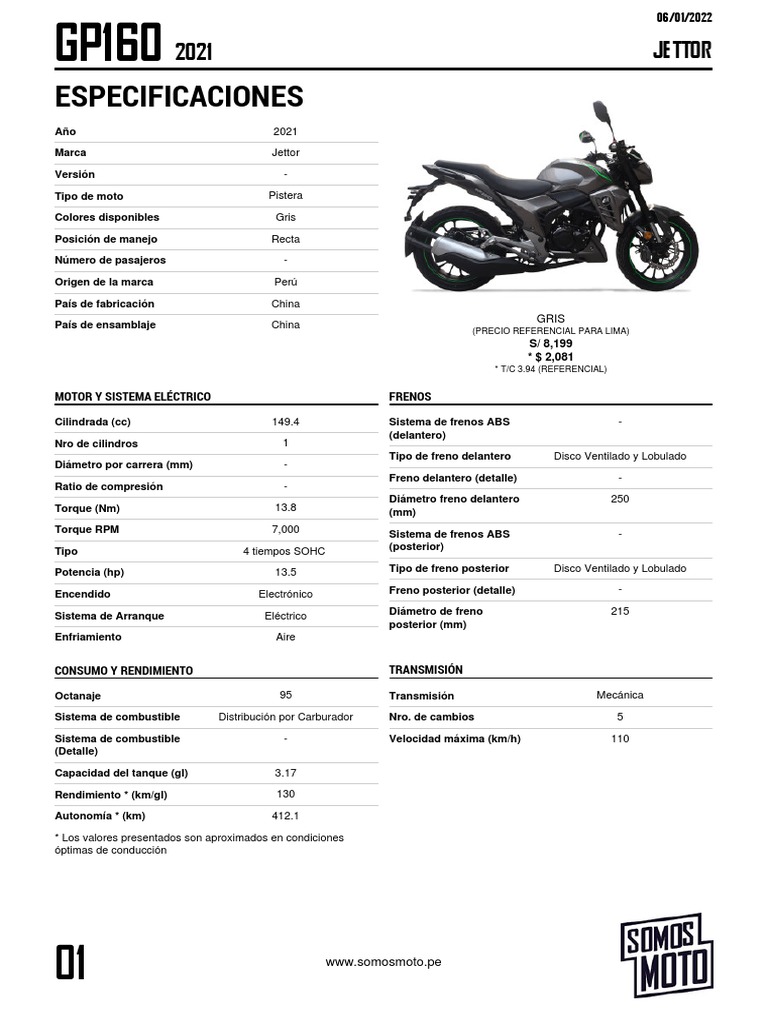 Especificaciones Jettor GP160 2021 | PDF | Vehículos | Vehículo de motor