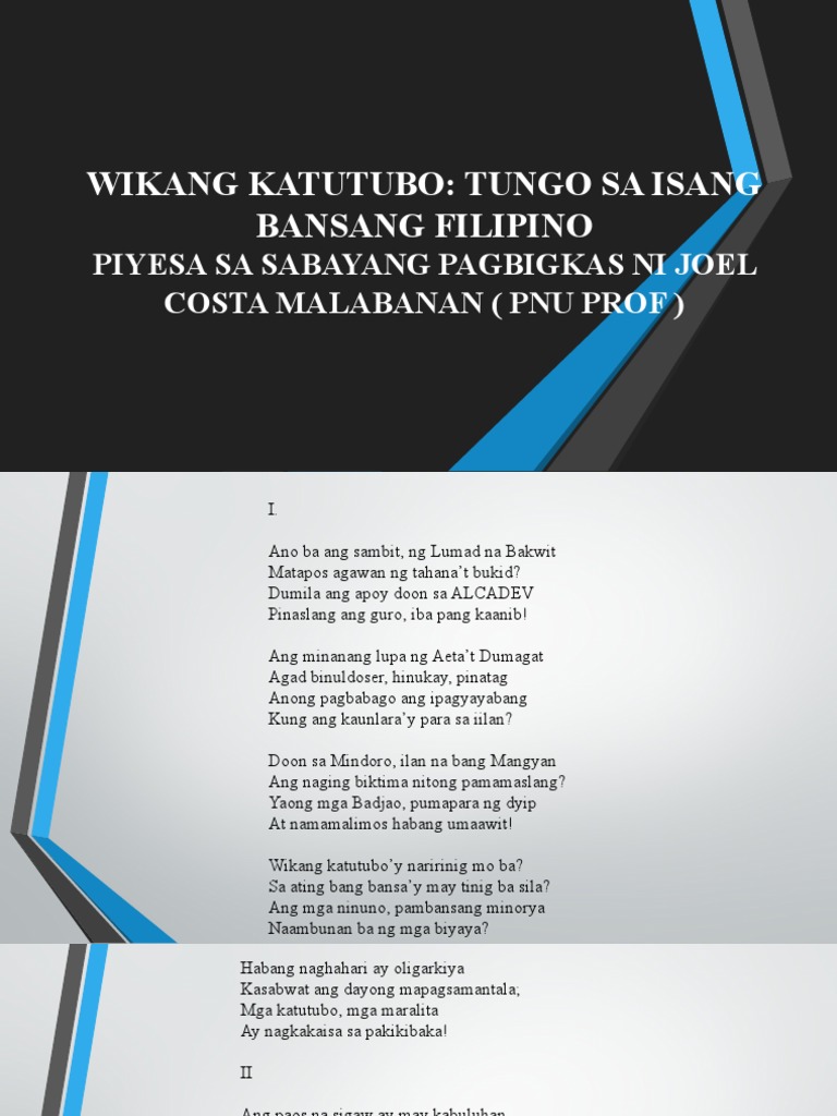 Wikang Katutubo: Tungo Sa Isang Bansang Filipino: Piyesa Sa Sabayang ...