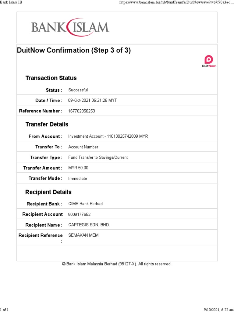 Duitnow Confirmation (Step 3 of 3) : Transaction Status | PDF