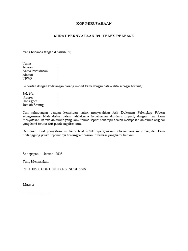 Kop Perusahaan Surat Pernyataan B/L Telex Release: Materai ............................. | PDF