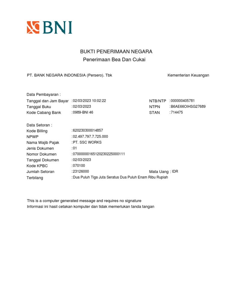 Bukti Penerimaan Negara Penerimaan Bea Dan Cukai | PDF