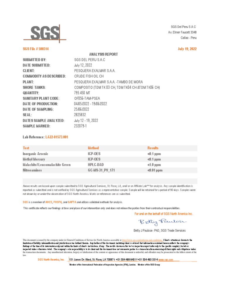 SGS Analysis Report: Crude Fish Oil | PDF
