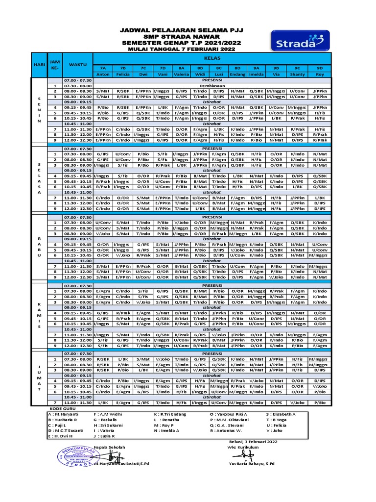 Jadwal PJJ SMP Strada Nawar TP.2021-2022 Mulai 7 Feb 2022 | PDF