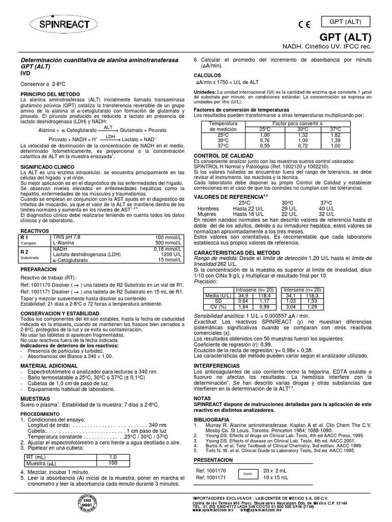 GPT (Alt) : Determinación Cuantitativa de Alanina Aminotransferasa GPT (Alt) | PDF ...