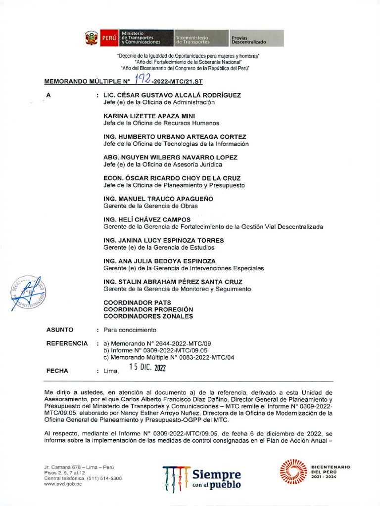 Memorando Multiple Nº 00192-2022-MTC-21.ST | PDF