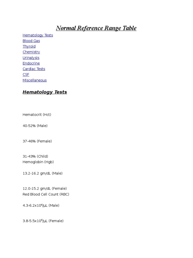 Normal Reference Range Table | PDF