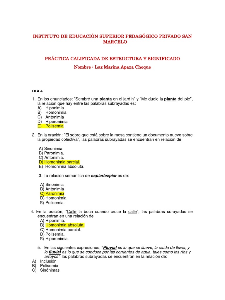 Práctica Calificada de Estructura y Significado Luz Marina Apaza | PDF | Organismos