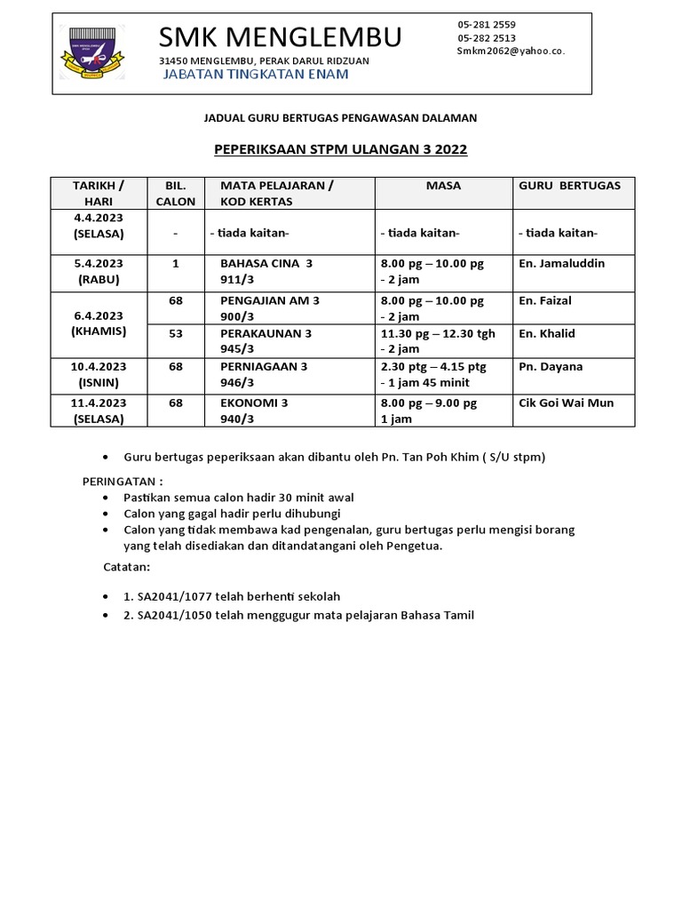 Jadual Tugas Guru STPM S3 | PDF