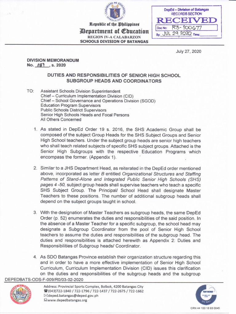 Division-Memorandum s2020 287 | PDF