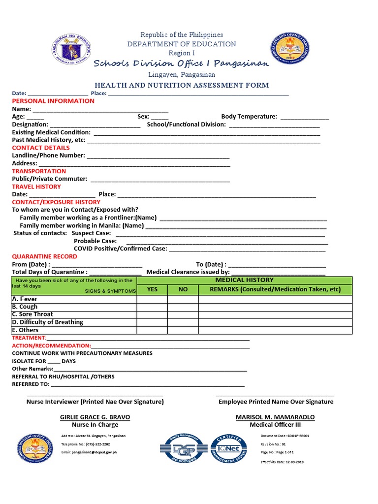 Medical Health Assessment Form | PDF | Health Sciences | Clinical Medicine