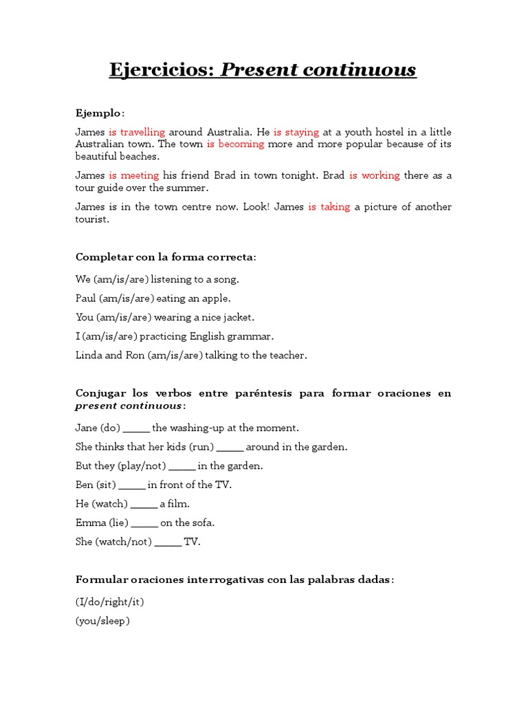 Ejercicios. Present Continuous | PDF