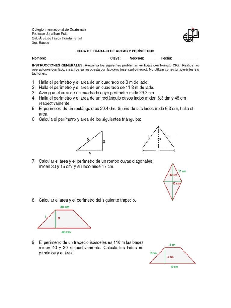 Hoja De Trabajo Áreas Y Perímetros Pdf
