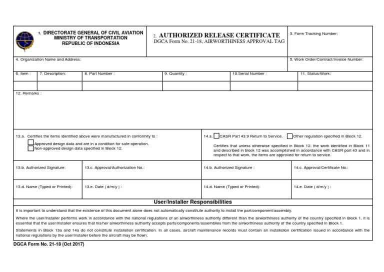 DGCA Form 21-18 Authorized Release Certificate - Oct 2017 | PDF | Aviation
