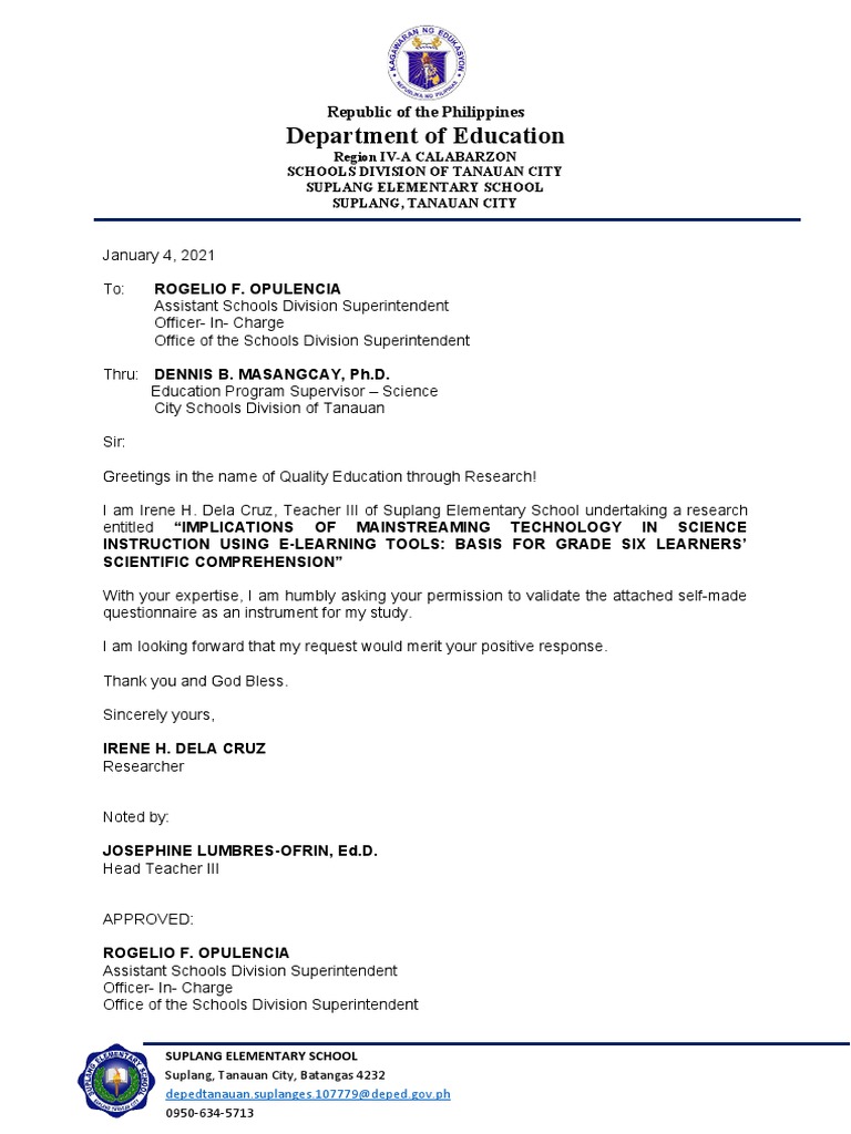 Request Letter For Validation of Instrument | PDF | Pedagogy | Learning