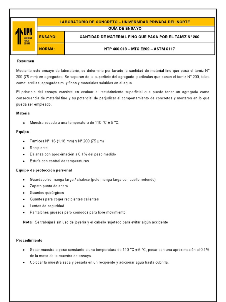Guía de Cantidad de Material Fino Que Pasa Por El Tamiz N 200 | PDF ...